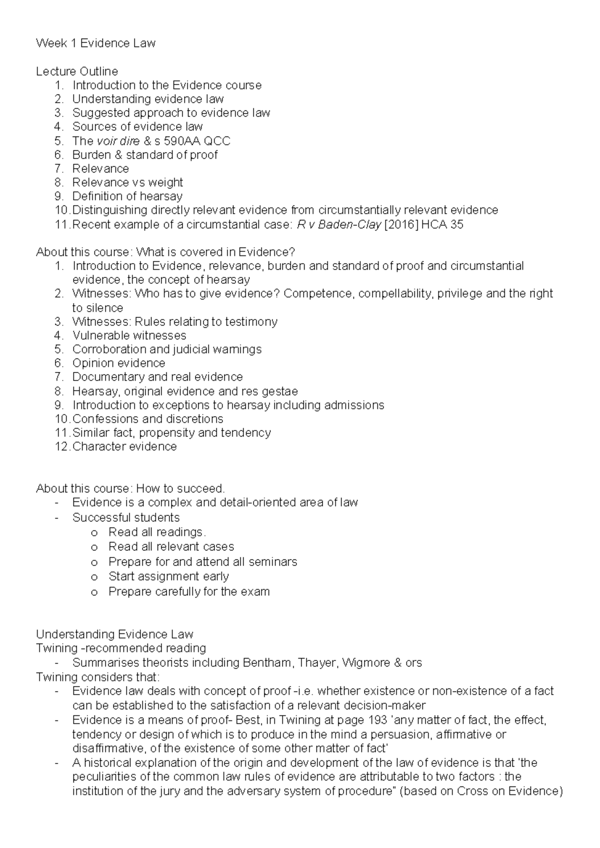 **Week 1 Lecture Notes: Introduction to Evidence Law (EVID101)** - Studocu