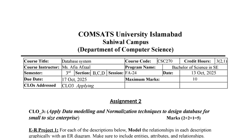 Theory Assignment 2: Database System (CSC270) ER Diagrams and Modeling - Studocu