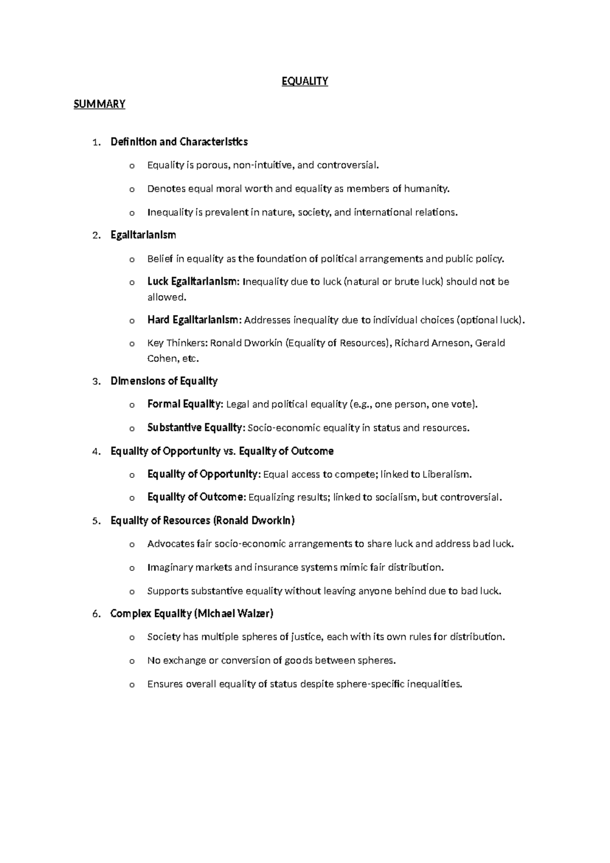 Equality - EQUALITY SUMMARY 1. Definition and Characteristics o ...