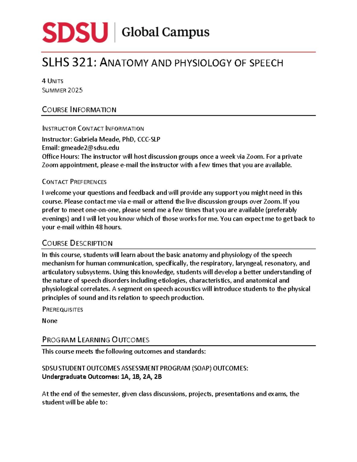 SLHS 321: Summer 2025 Syllabus for Anatomy & Physiology of Speech - Studocu