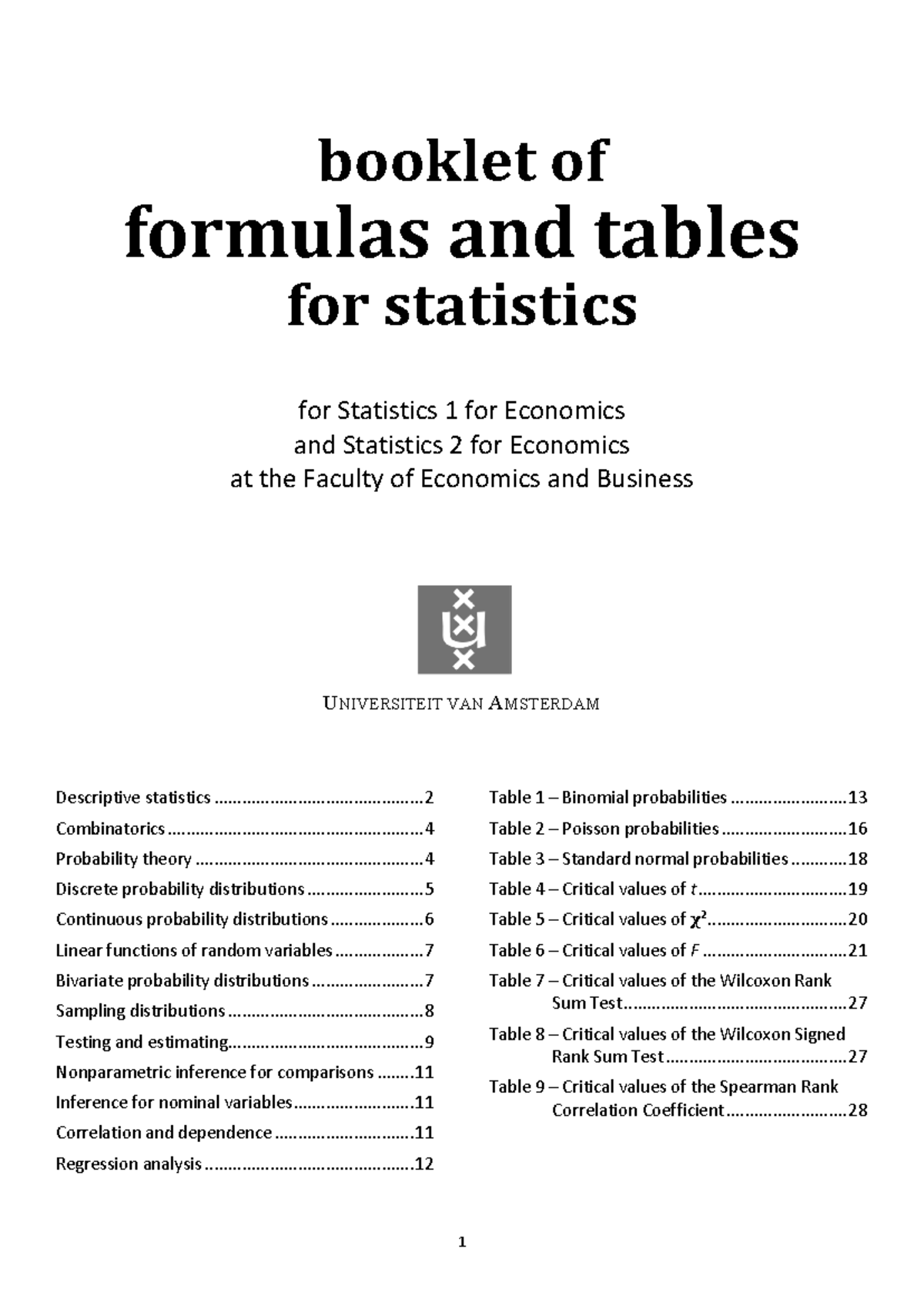 Stat 2024 Formulas & Tables for Statistics 1 & 2 (Economics) UvA ...