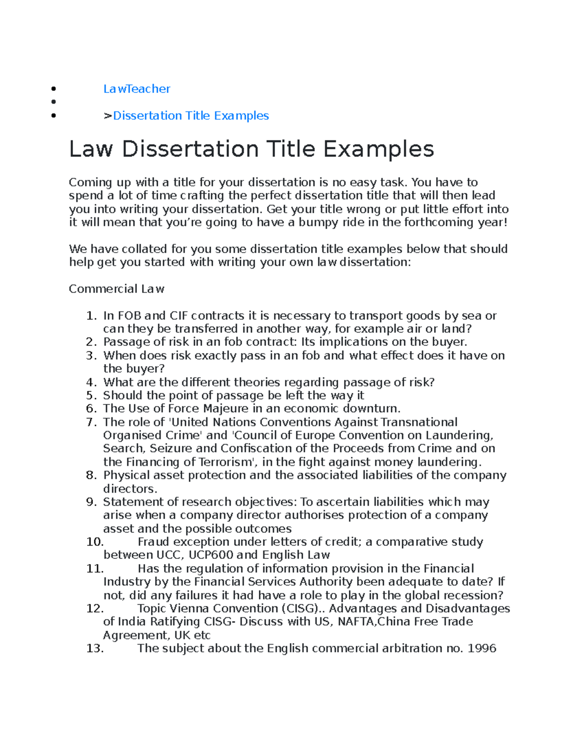 Law dissertation titles examples - LawTeacher >Dissertation Title ...