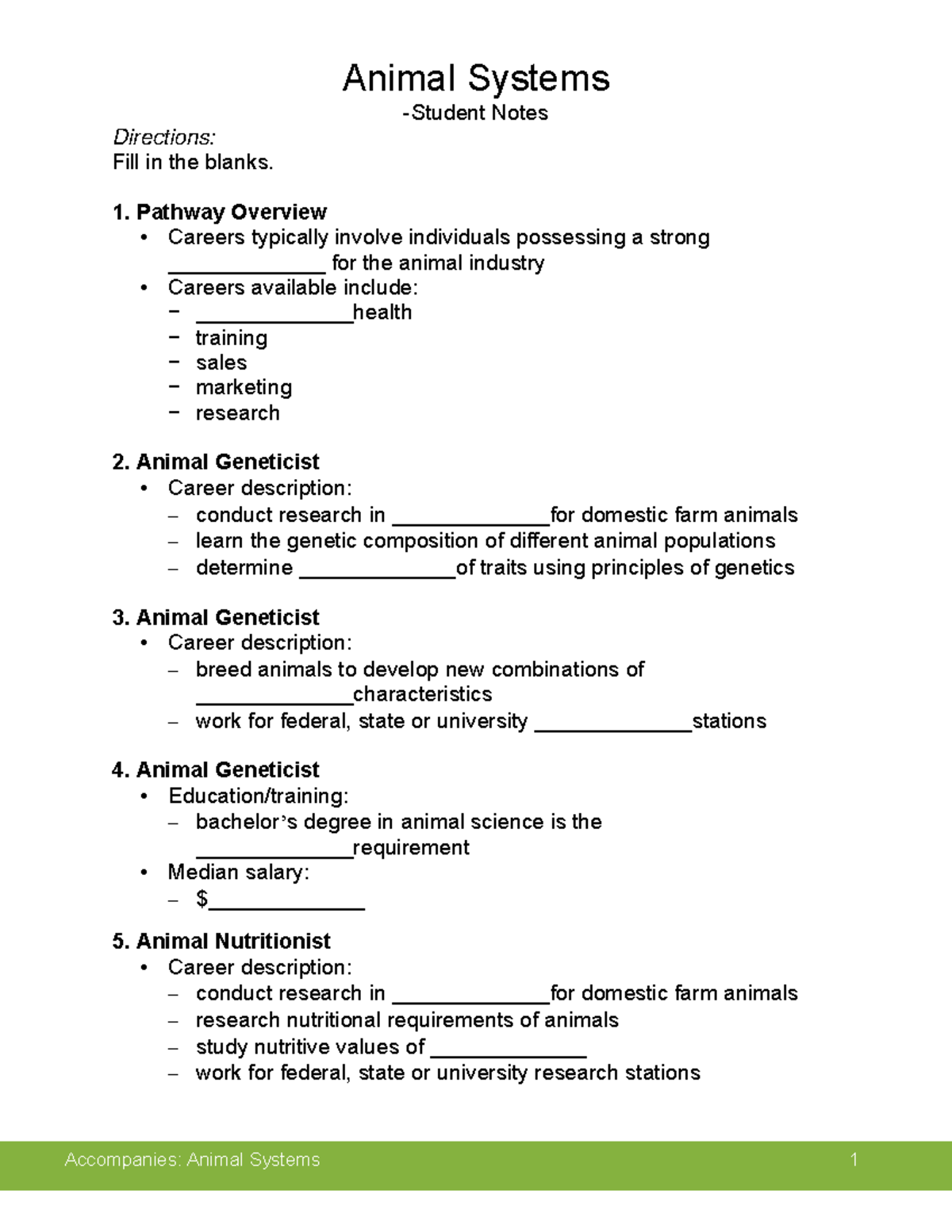 Animal Systems Notes: Career Paths and Descriptions - Studocu