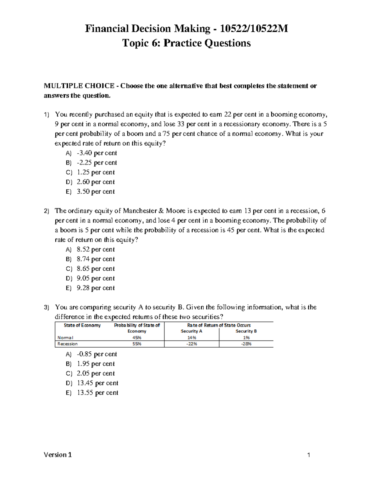 Financial Decision Making (FIN 101) Topic 6: Practice Questions - Studocu