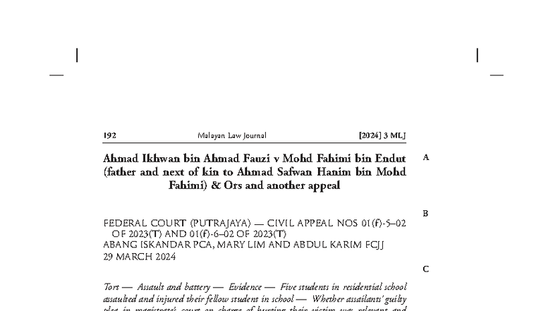 Civil Appeal 01(f)-5–02 & 01(f)-6–02: Assault Case in Residential ...