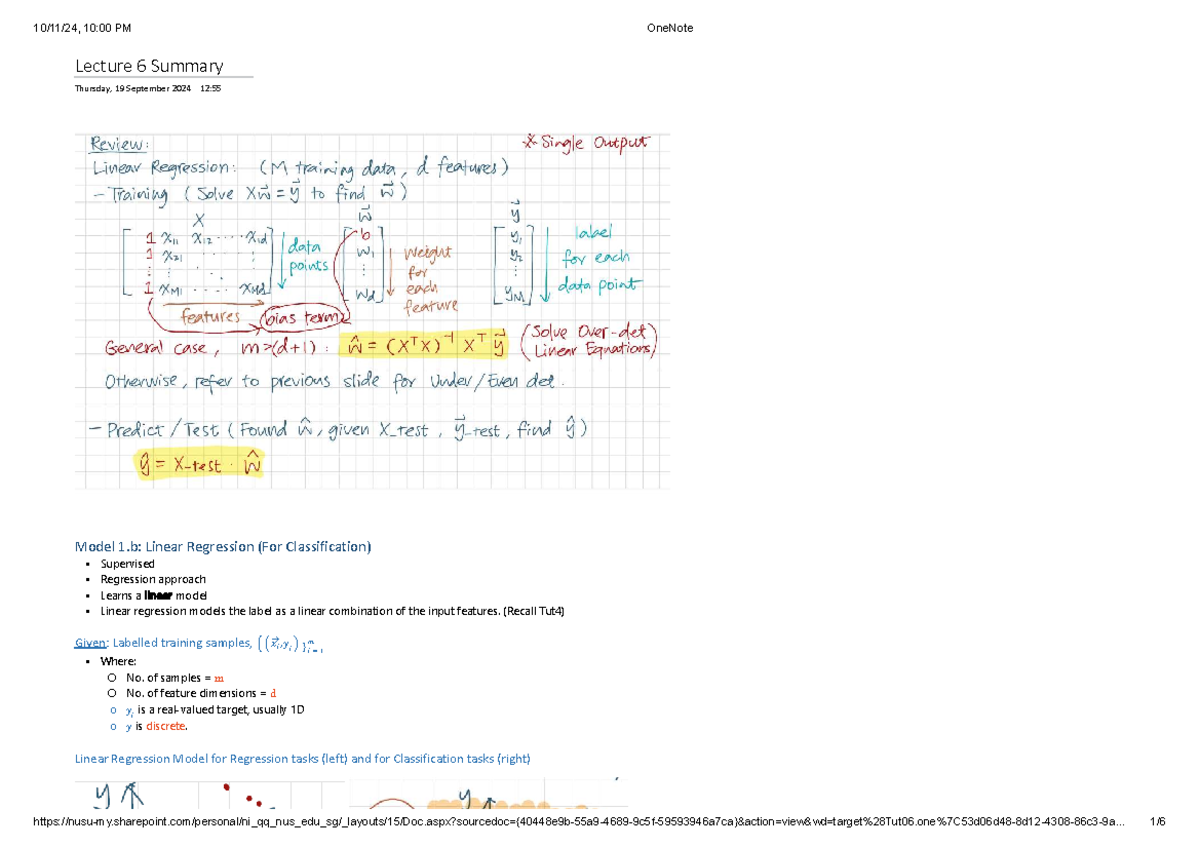 EE2211 AY2425S1 lec6 - Decision making - Lecture 6 Summary Thursday, 19 ...