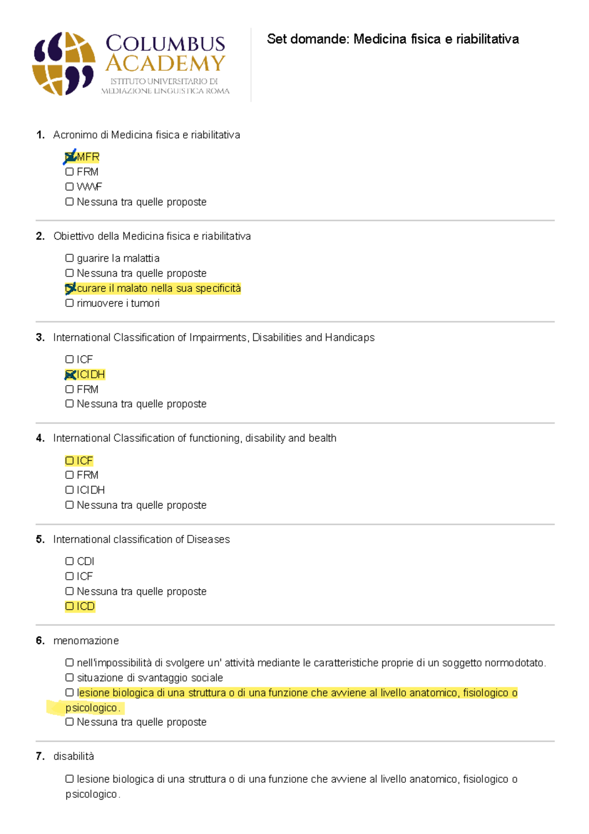 Medicina fisica e riabilitativa paniere - Set domande: Medicina fisica ...