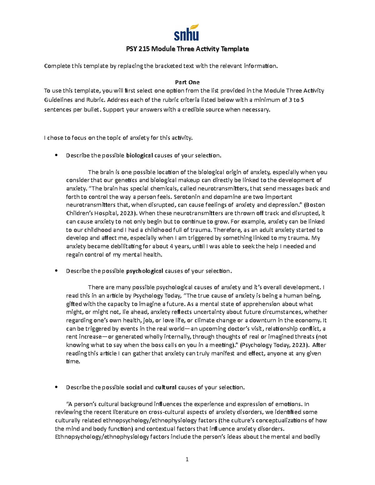 PSY 215 Module Three Activity - Part One To use this template, you will ...