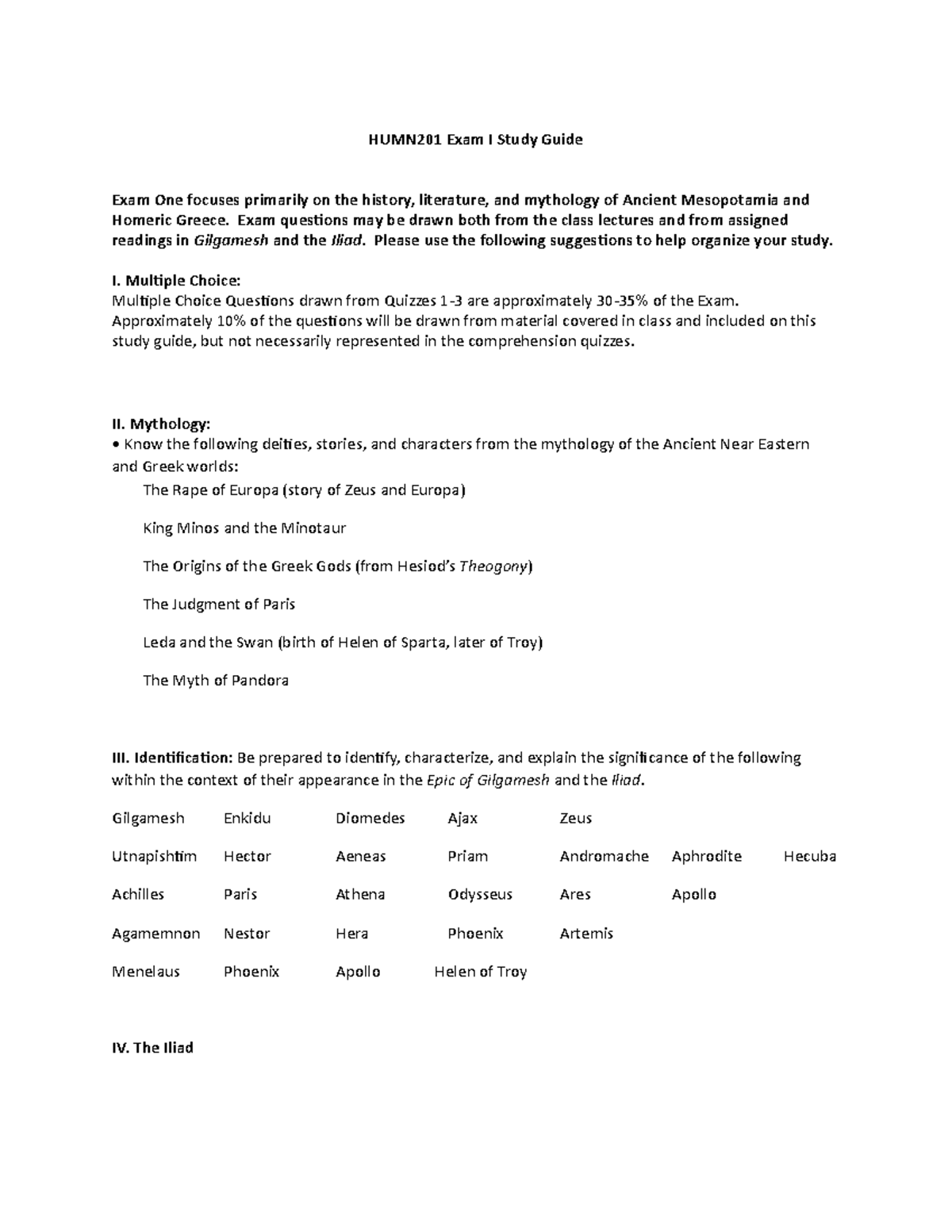 HUMN201 Exam I Study Guide: Ancient Mesopotamia & Homeric Greece - Studocu