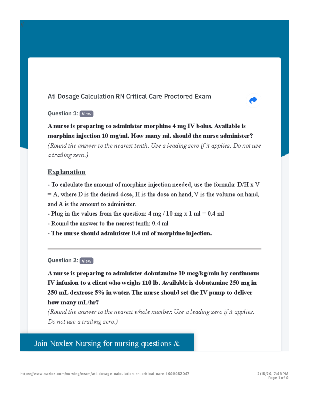 Ati Dosage Calculation RN Critical Care Proctored Exam - Q&A Guide ...