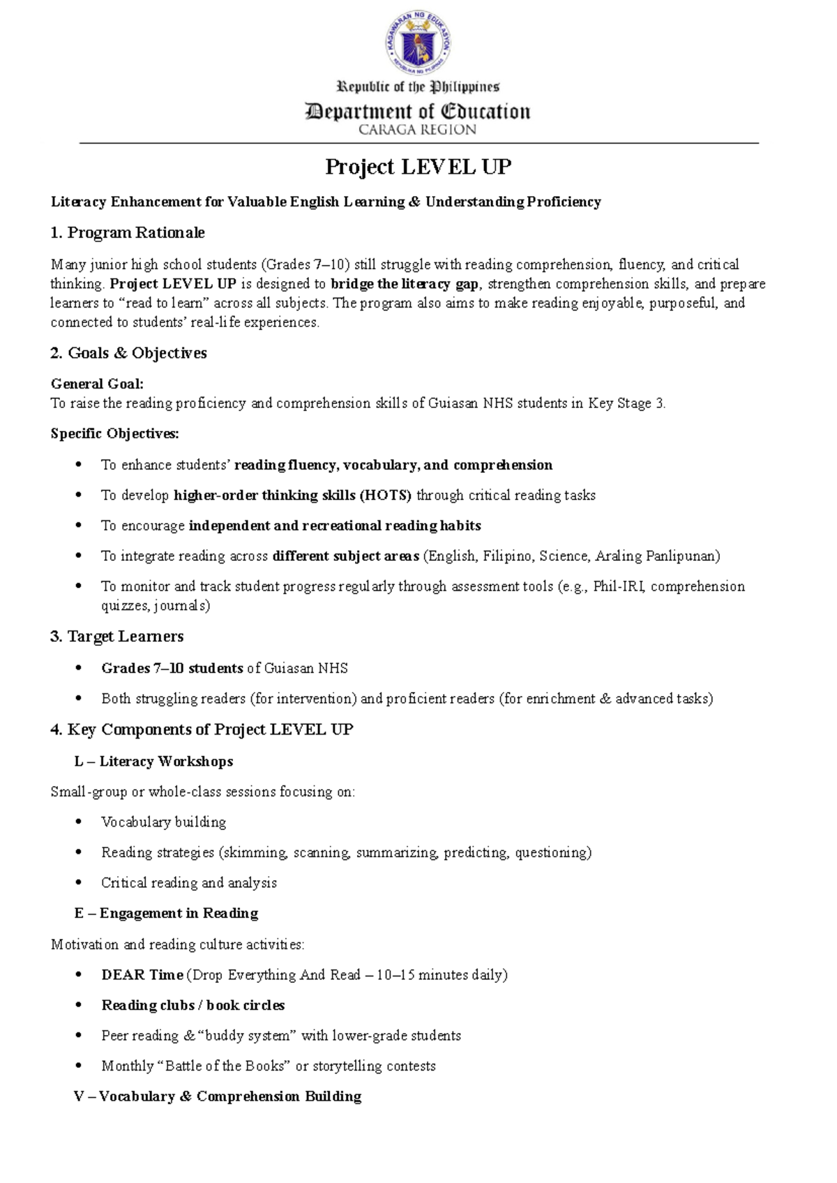 Project LEVEL UP: Enhancing Literacy for English Proficiency 1 - Studocu