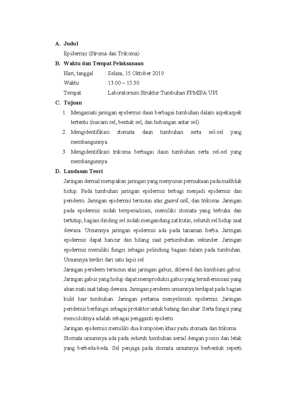 Pengamatan Jaringan Epidermis Tumbuhan: Stroma dan Trikoma 4 - Studocu