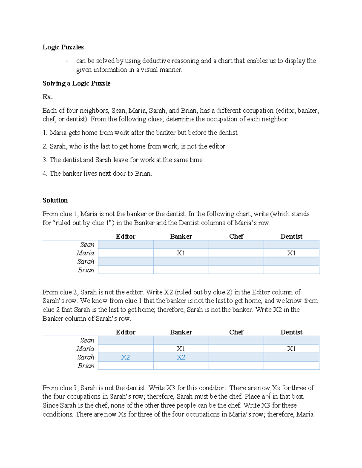 Logic Puzzles MMW: Solving Occupations with Deductive Reasoning - Studocu