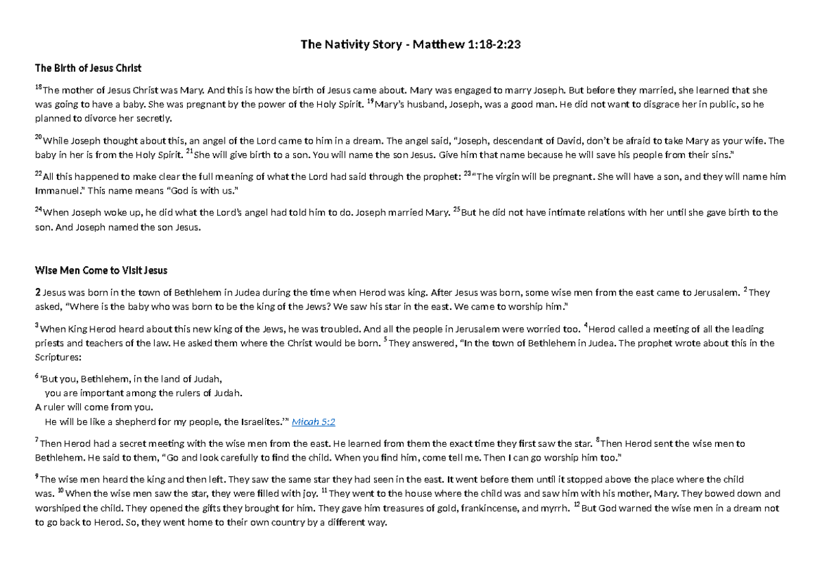 The Nativity Story: Matthew 1-2 - The Birth of Jesus Christ - Studocu