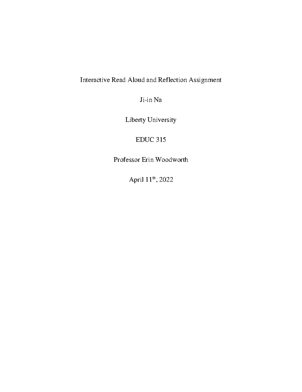 EDUC 315 Interactive Read Aloud Reflection Assignment (Final) - Studocu
