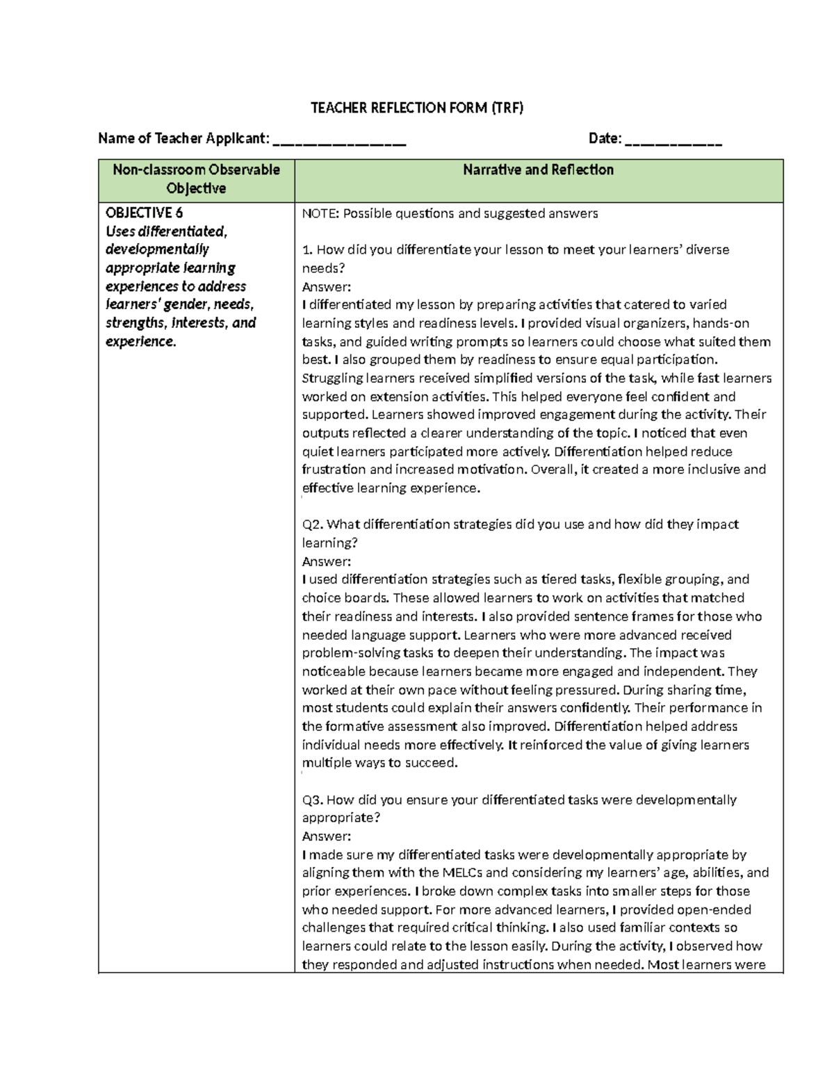 Teacher Reflection Form (TRF): Differentiation & Assessment Strategies ...