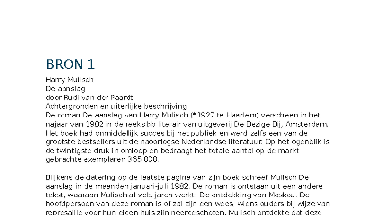 BRON 1: Analyse van 'De Aanslag' van Harry Mulisch - Achtergronden en Thematiek - Studeersnel