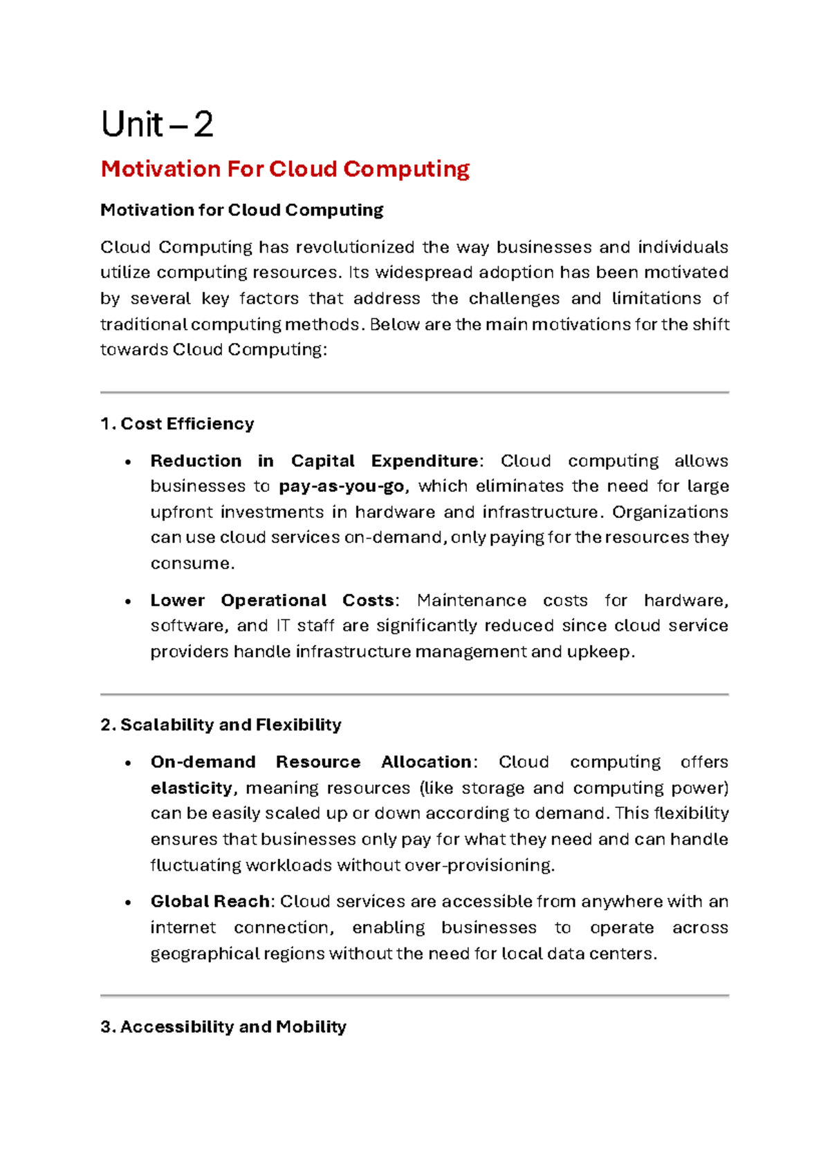 Unit - 2 CC - Understanding Cloud Computing Motivations and Needs - Studocu