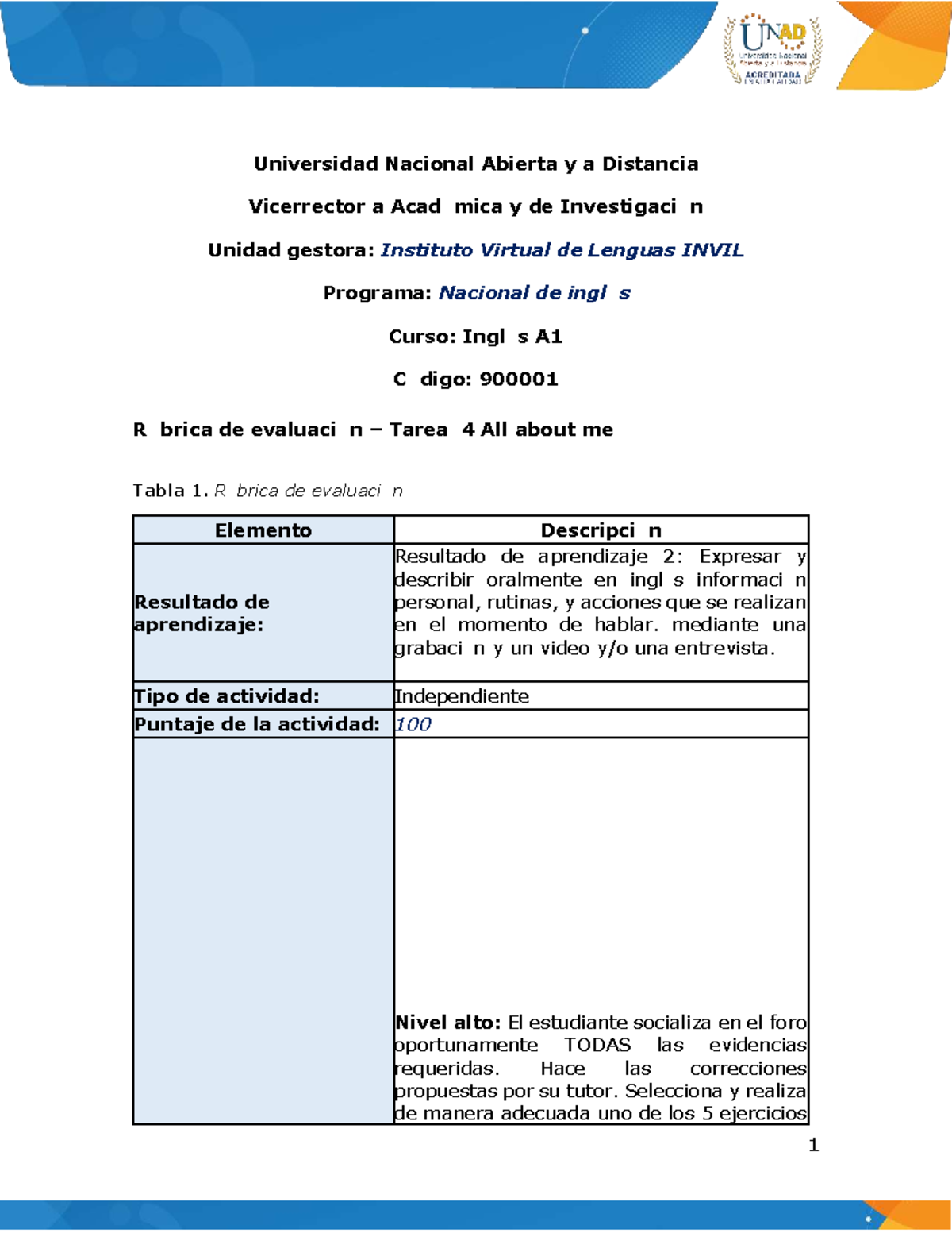Rúbrica de Evaluación - Tarea 4 - Inglés A1: All About Me - Studocu