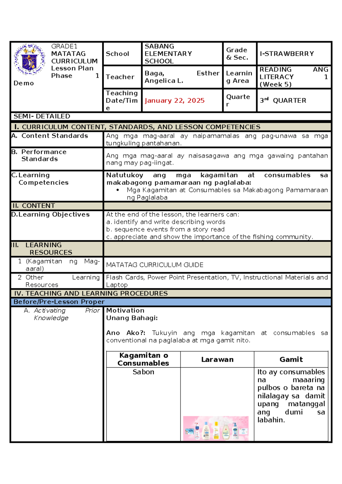 Grade 1 Reading & Literacy Phase 1 Lesson Plan at Sabang Elem. School ...