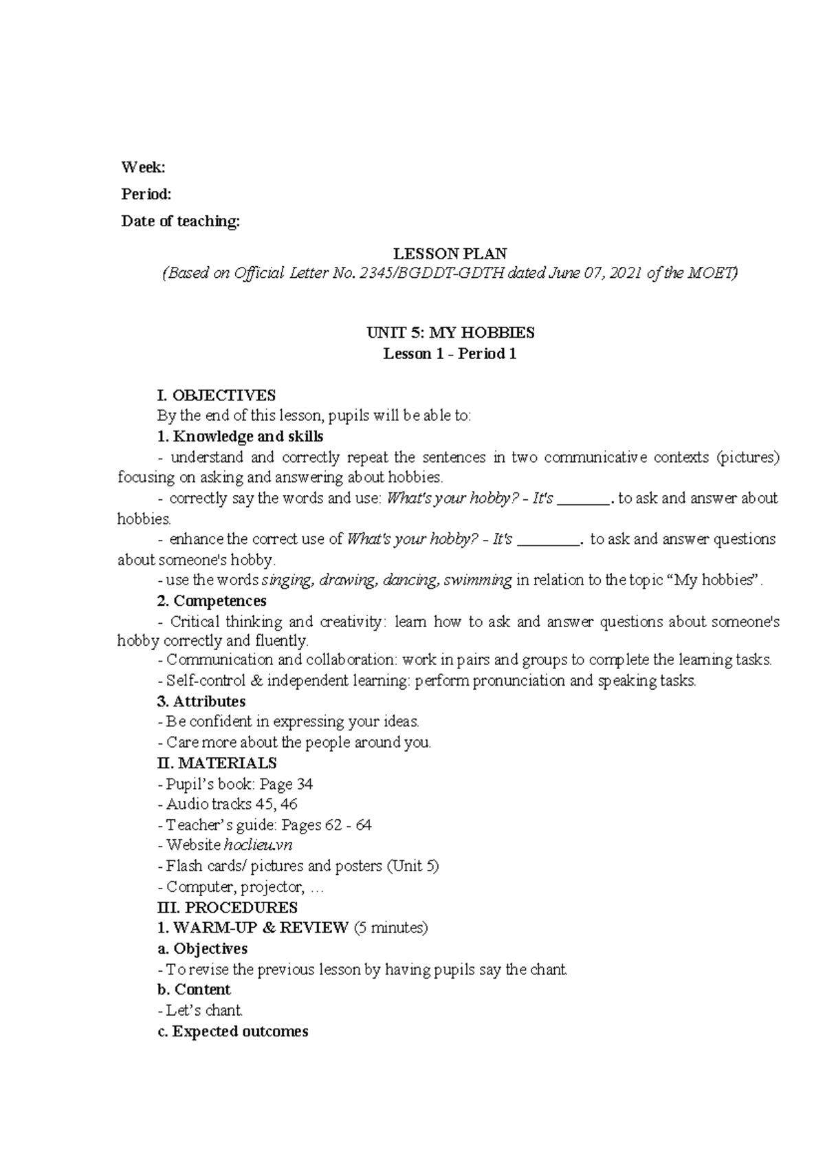 TA3 GA Unit 5: Lesson Plan on My Hobbies (Lesson 1) - Studocu