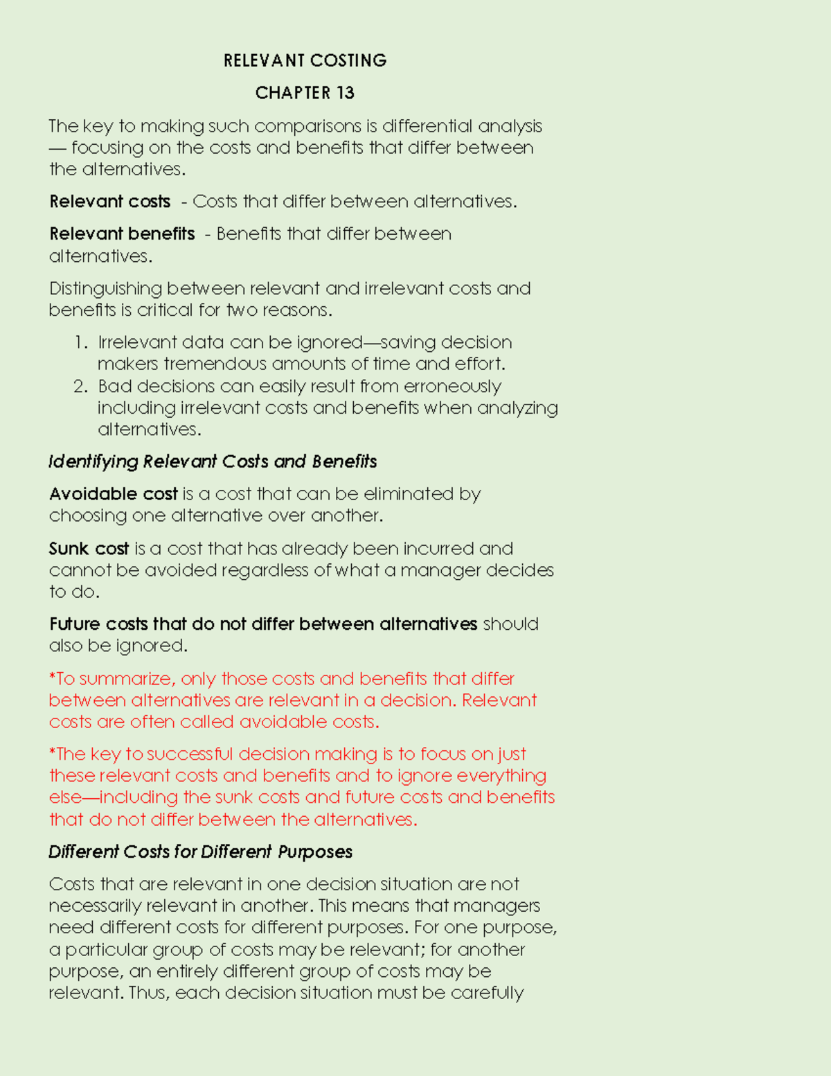 Relevant Costing: Summary Notes for CH 13 Analysis - Studocu