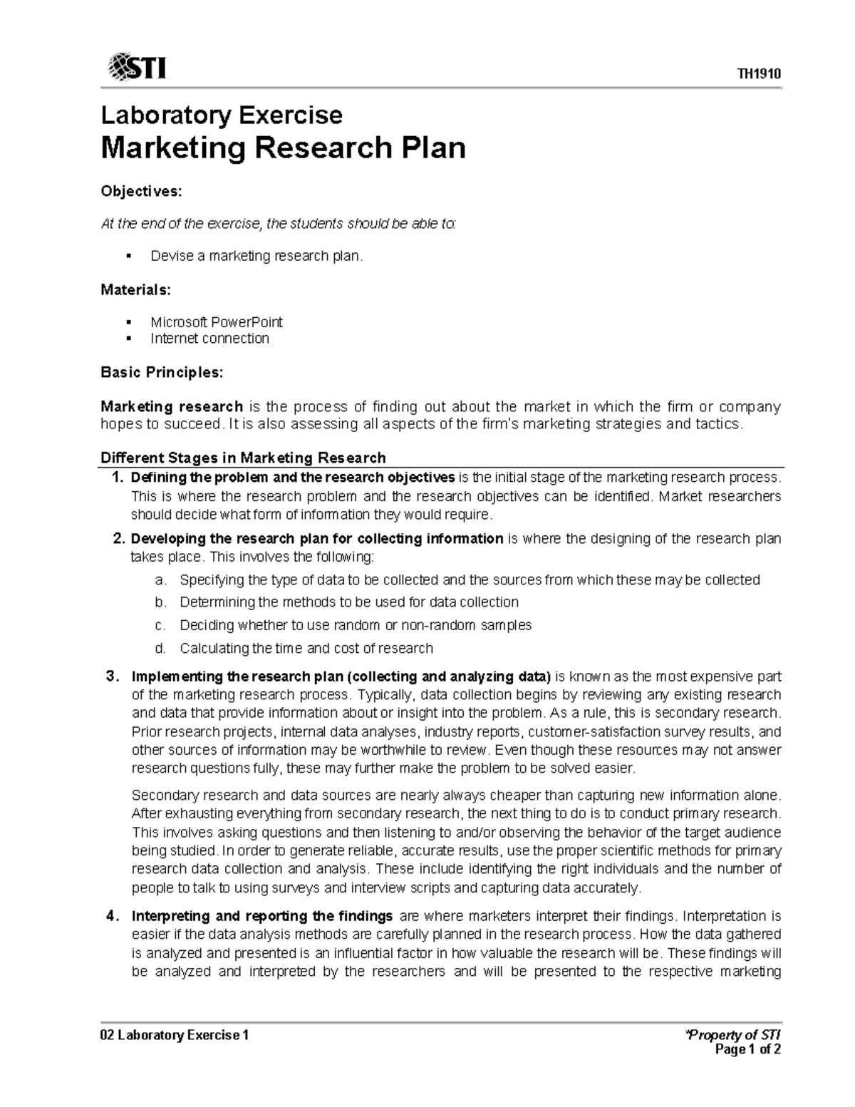 02 Laboratory Exercise 1 - TH 02 Laboratory Exercise 1 *Property of STI ...