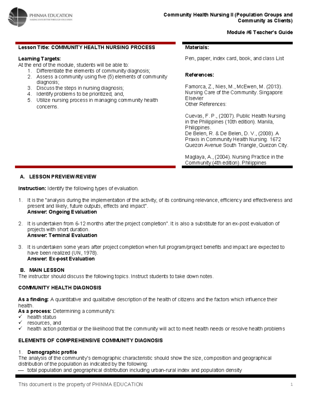 CHN 2 Community Health Nursing II Session 6 Guide and Notes - Studocu