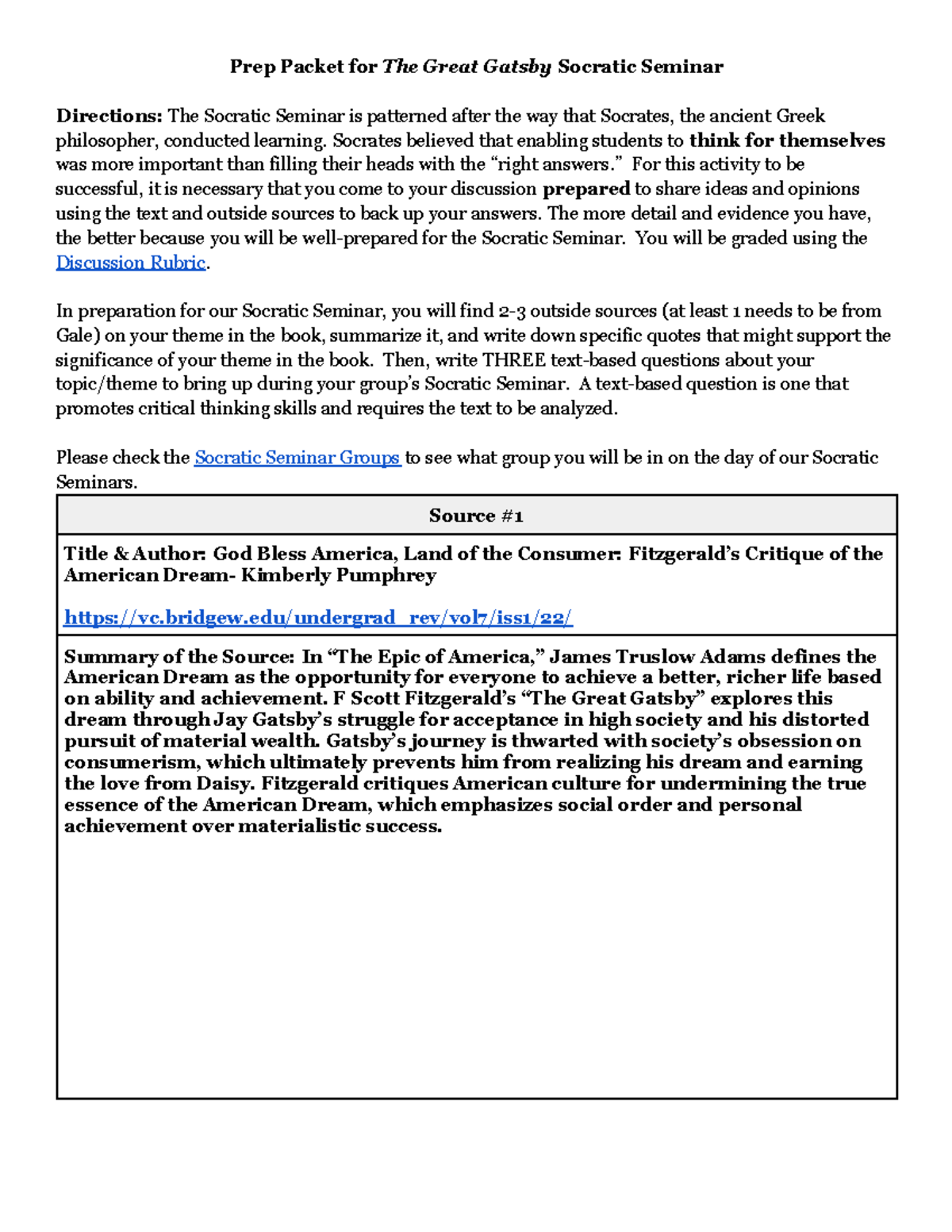 Prep Packet for The Great Gatsby Socratic Seminar - Studocu