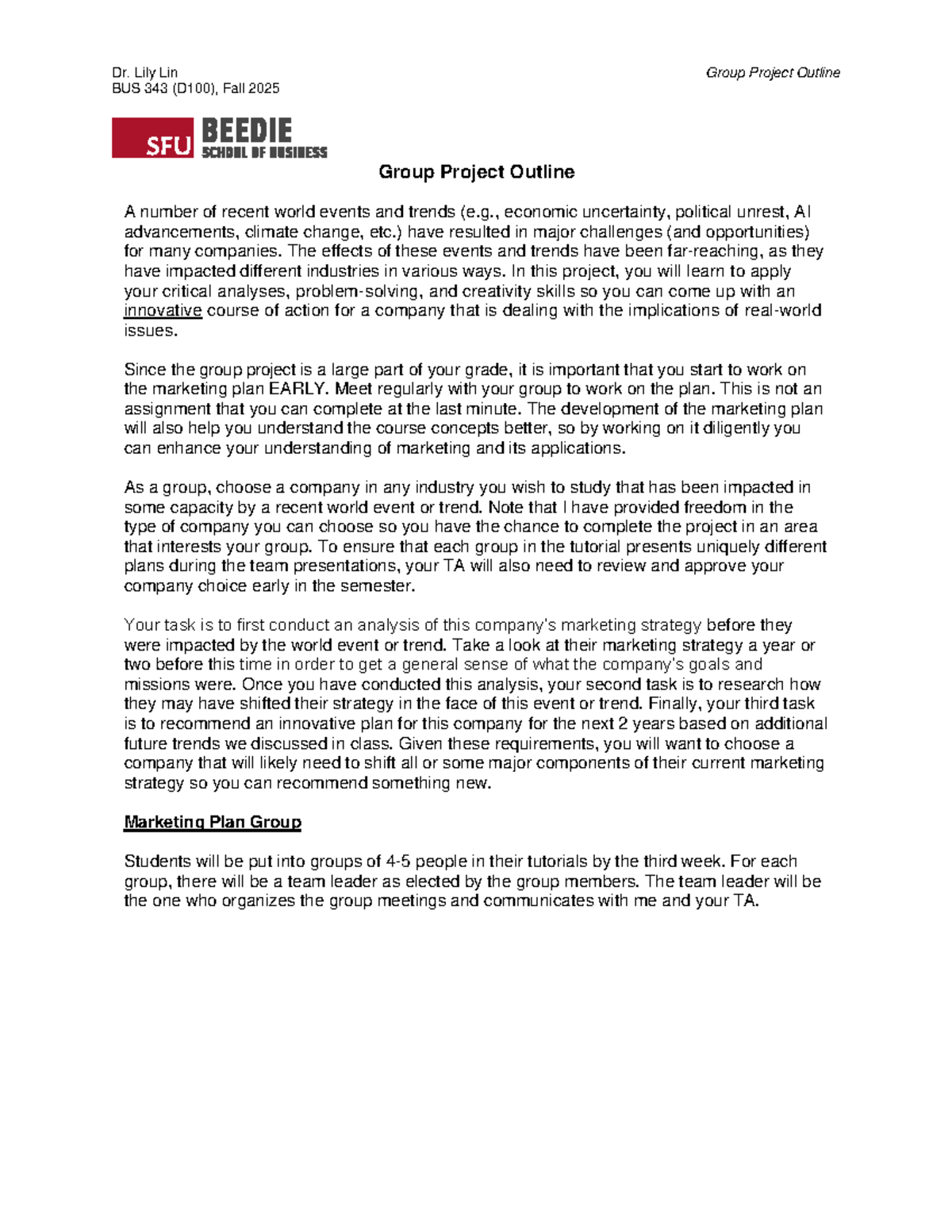 BUS 343 (D100) Fall 2025 Group Project Marketing Plan Outline - Studocu