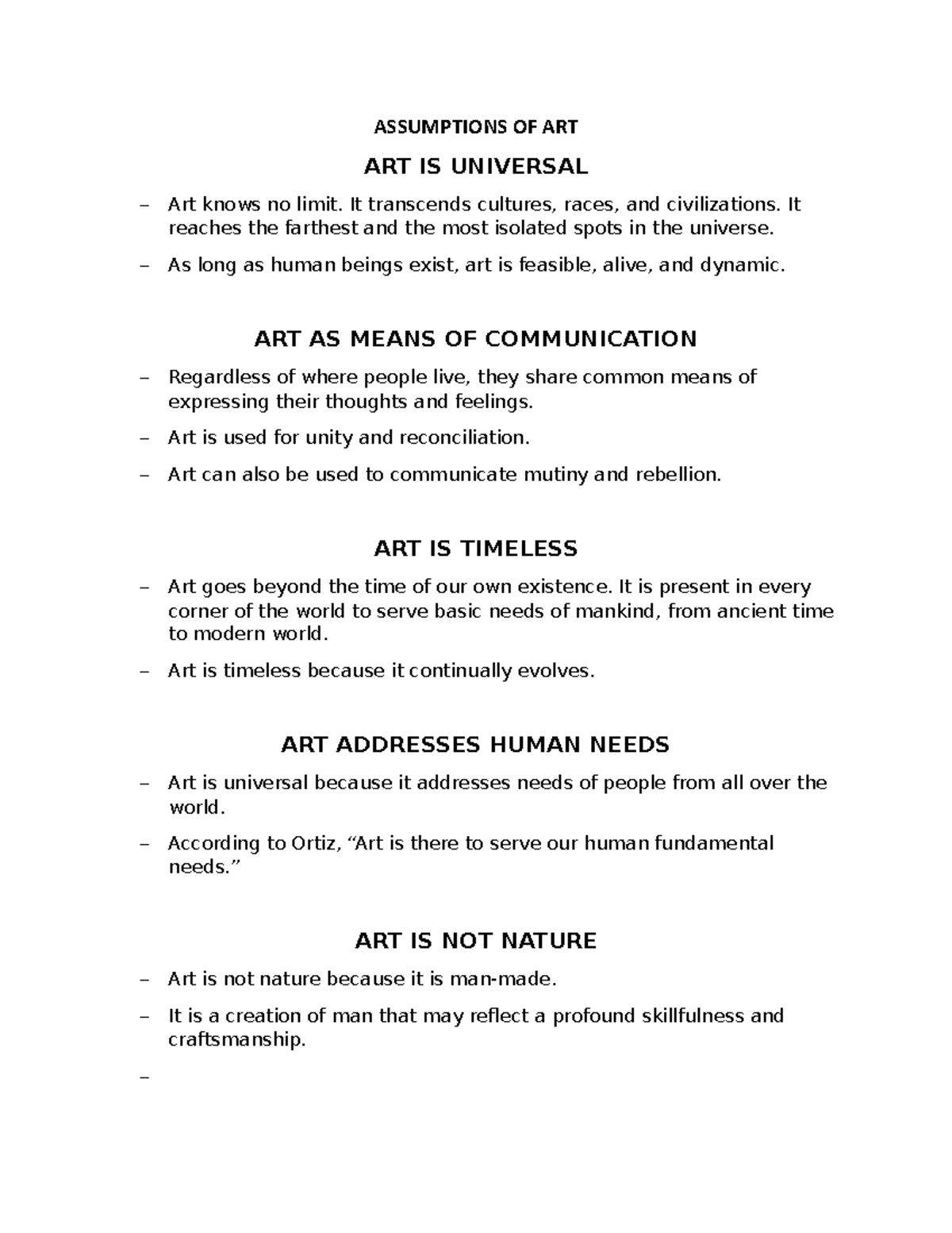 Assumptions of Art: Exploring its Universal Nature and Impact - Studocu