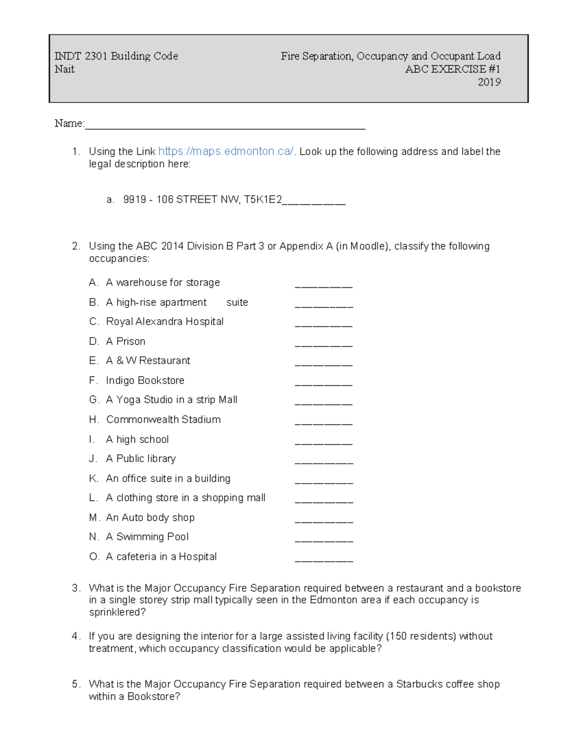 ABC Exercise#1-2019 - Alberta Building Code Exercise - INDT 2301 ...
