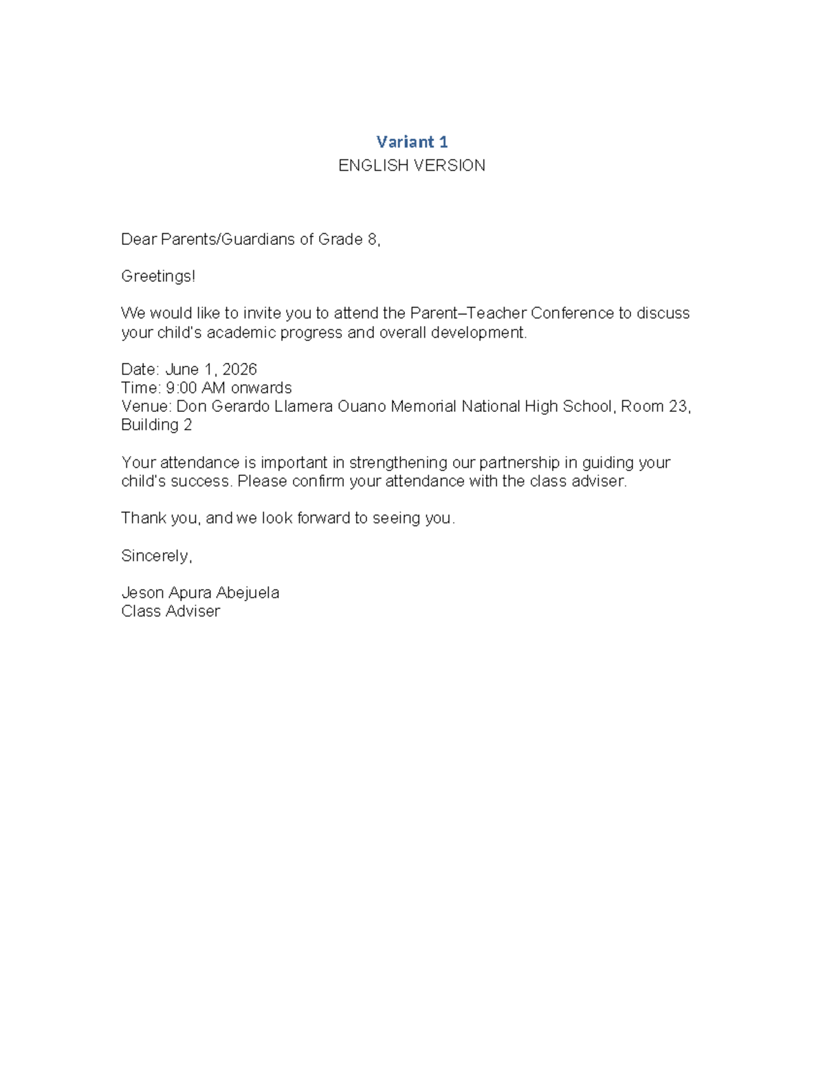 Grade 8 PTC Conference Invitation Letters - English & Tagalog Versions ...
