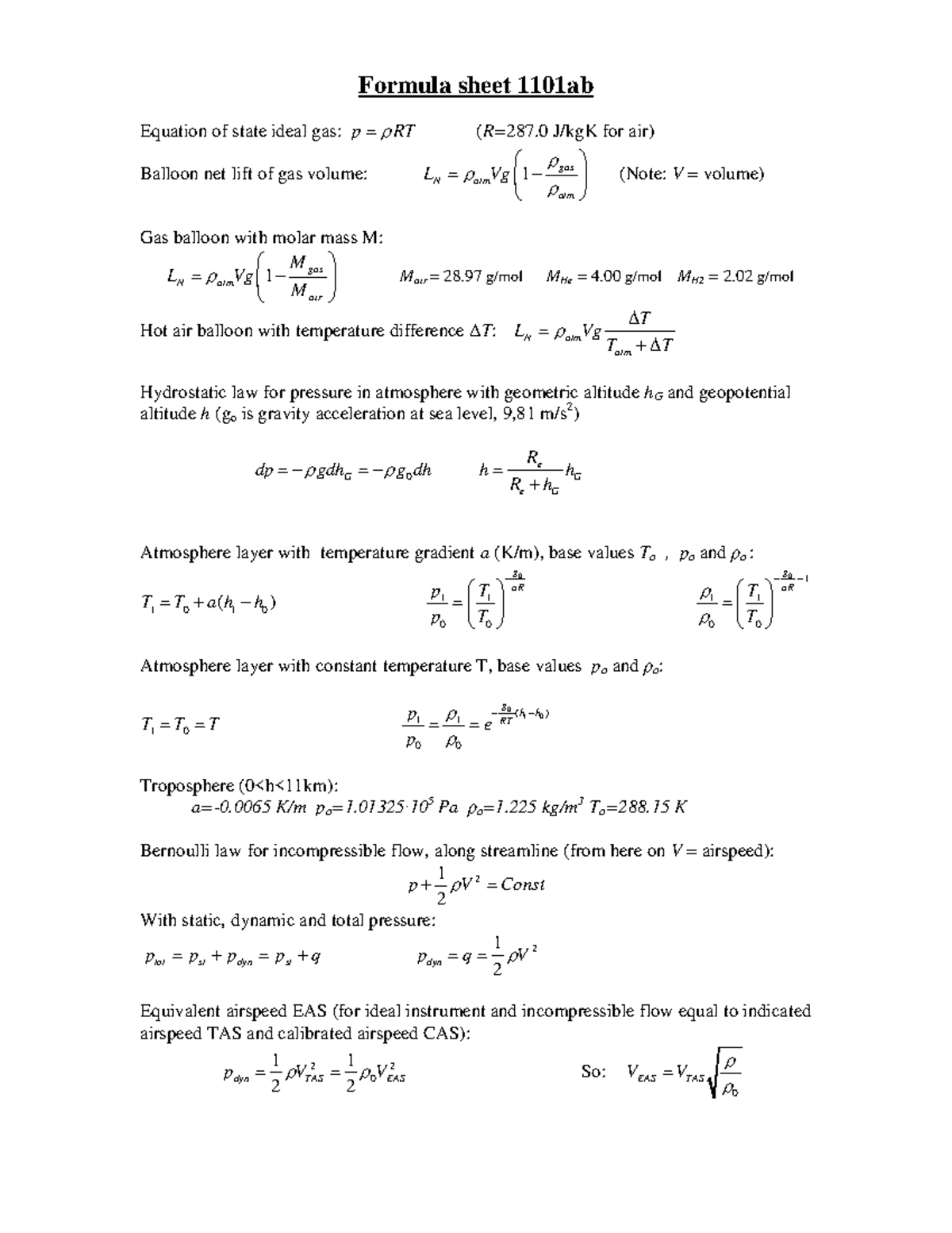 Aerospace Engineering 1101ab Formula Sheet for Ideal Gas & Balloon Lift ...