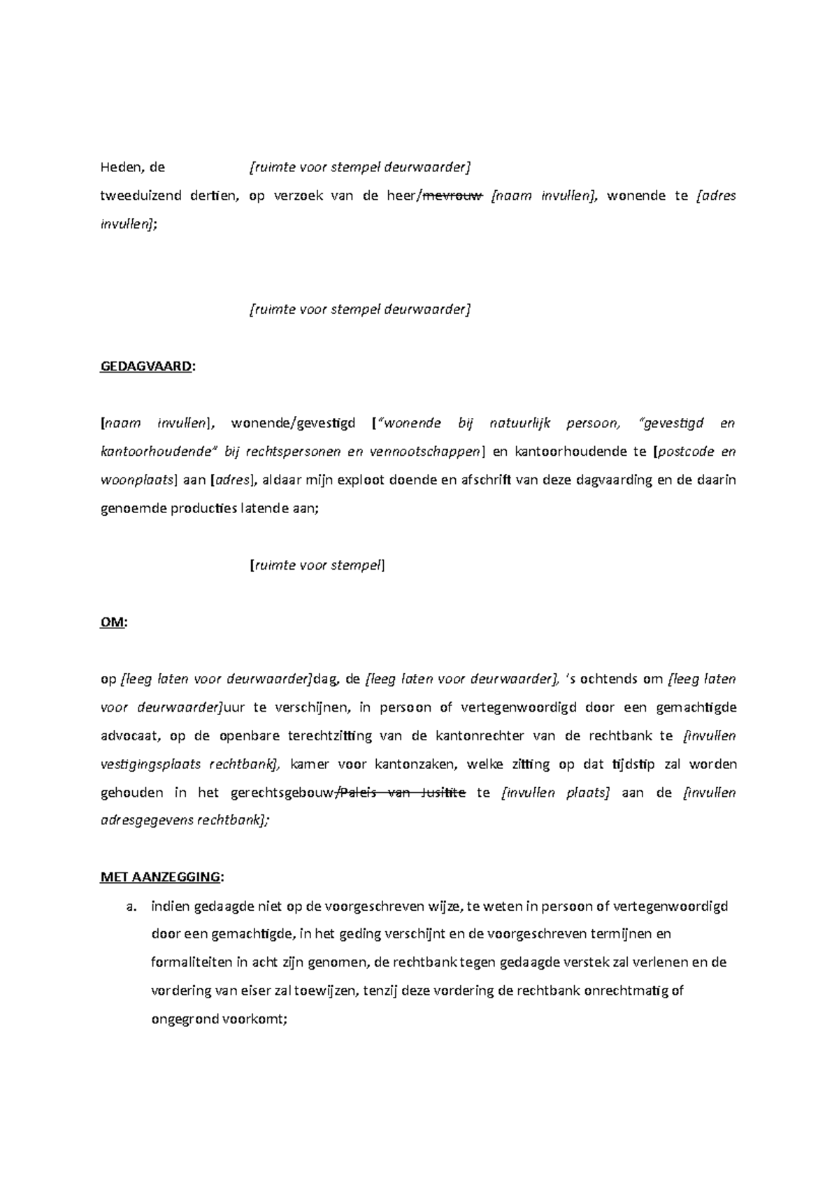 Voorbeeld van een dagvaarding voor rechtszaak en procedure - Studeersnel