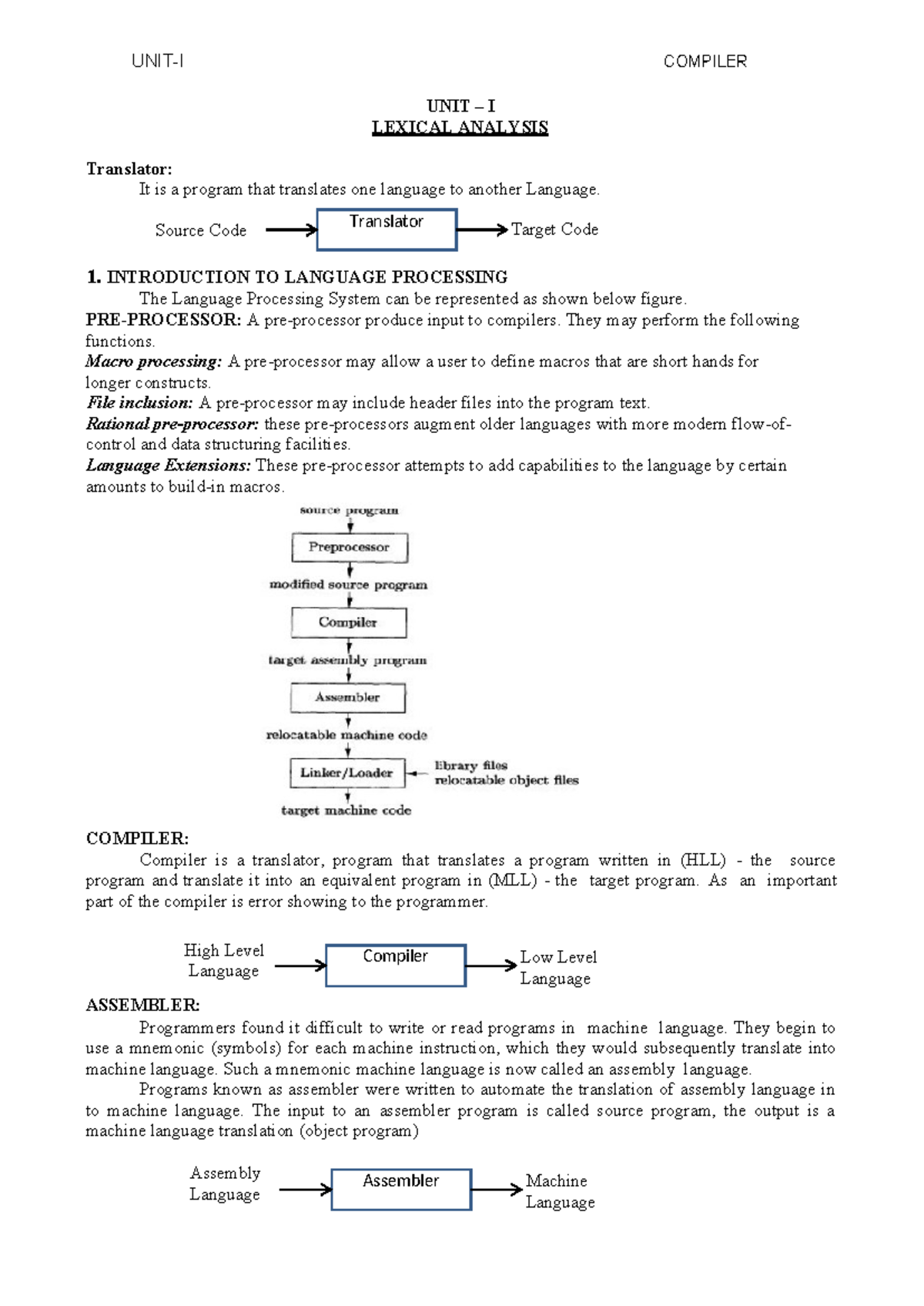 COMPILER DESIGN (CD101) UNIT I: LEXICAL ANALYSIS OVERVIEW - Studocu