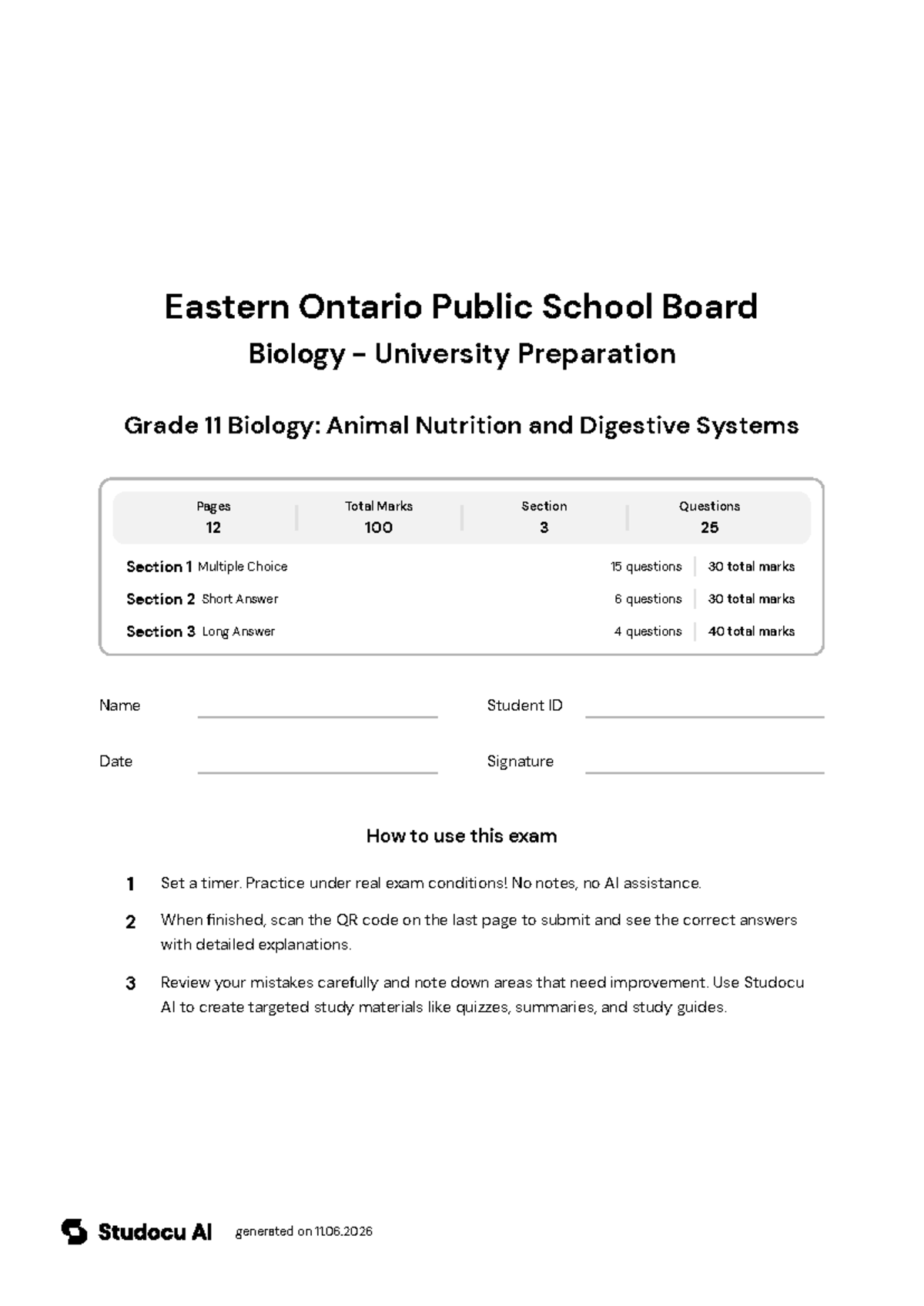 Grade 11 Biology: Animal Nutrition Exam - Studocu