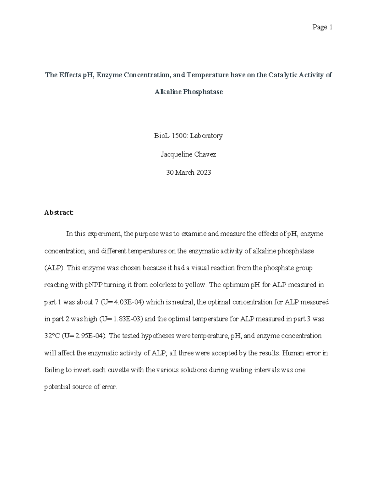 Enzyme Activity Analysis in Alkaline Phosphatase - BIO 1500 Lab Report - Studocu