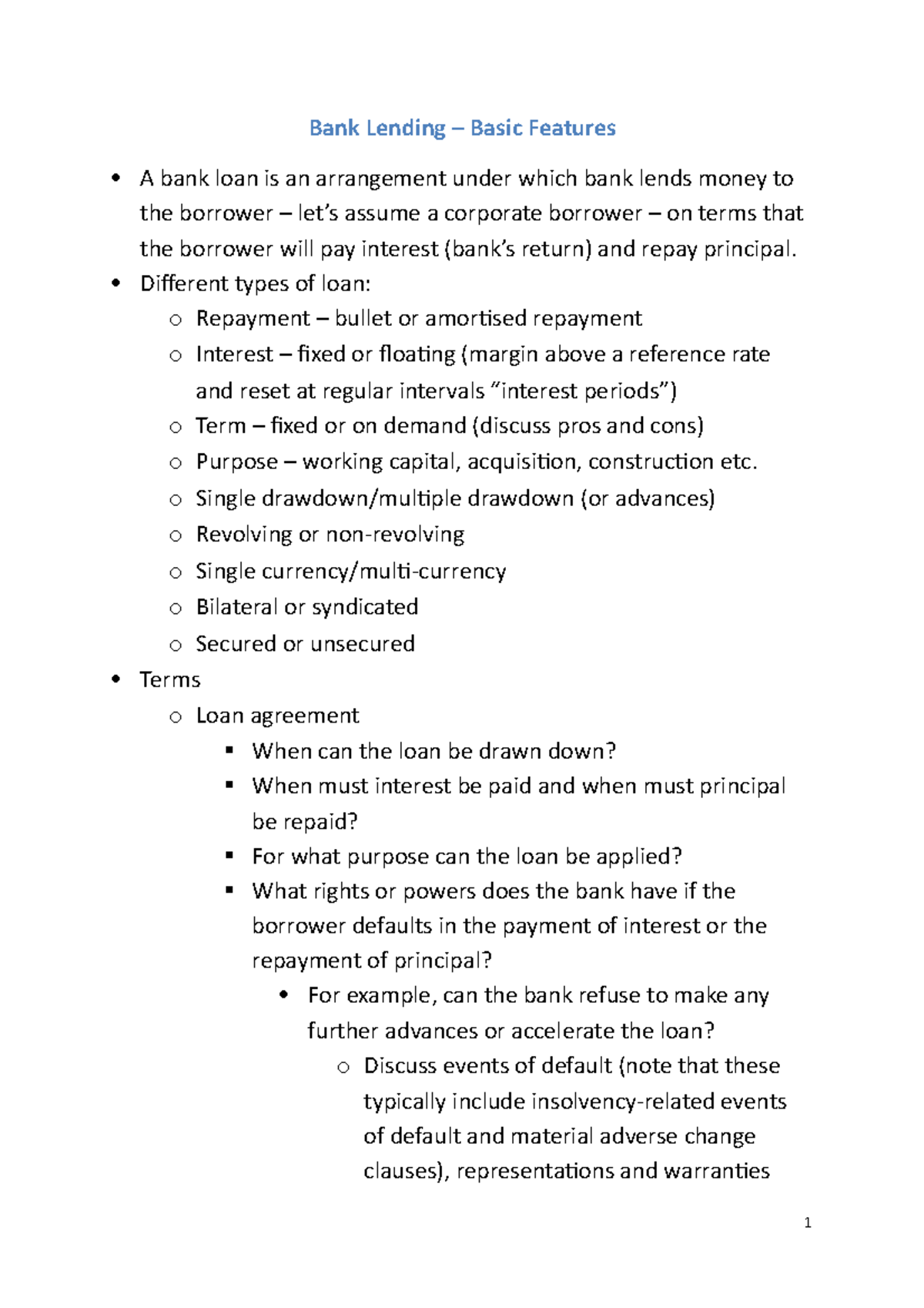 Bank lending (basic features handout) - Bank Lending – Basic Features A ...