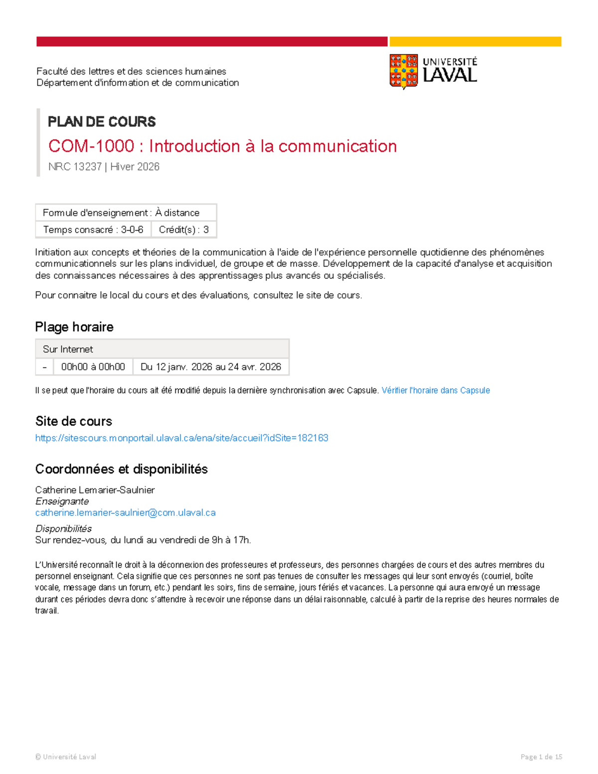 COM-13237 Hiver 2026 - Plan de Cours : Introduction à la Communication - Studocu