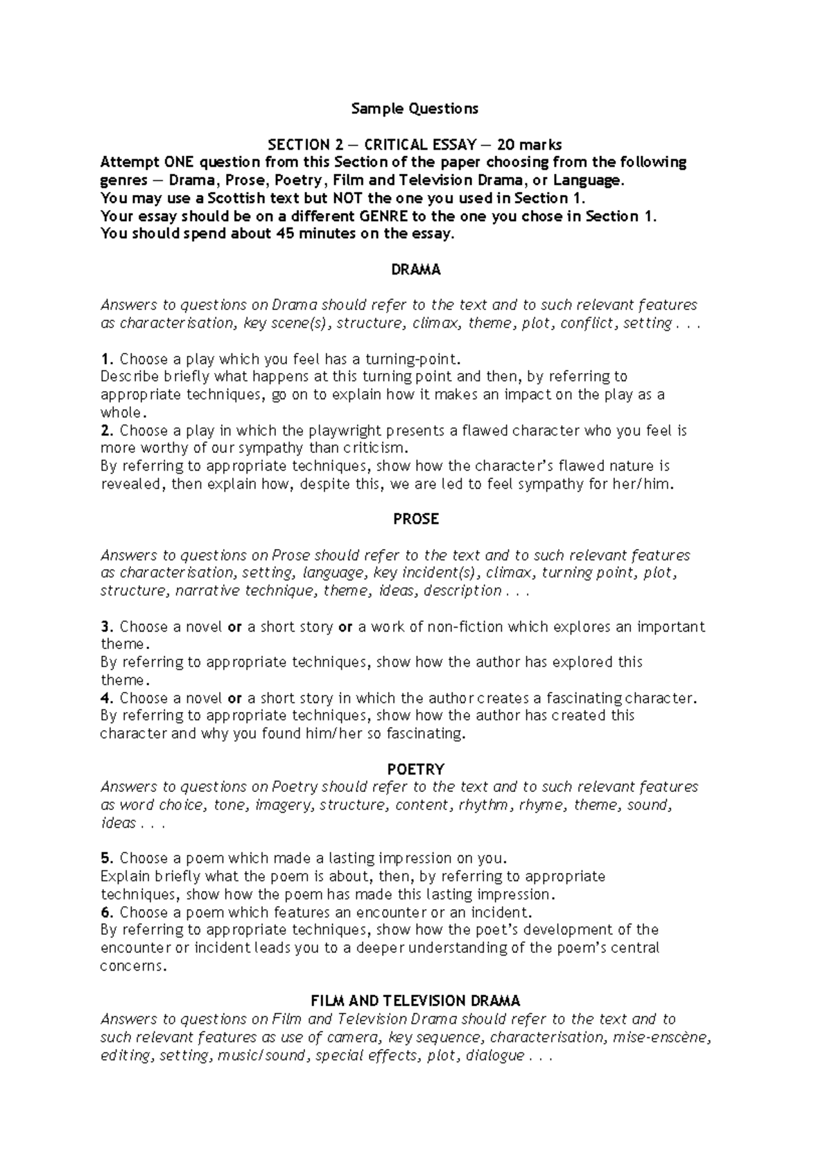 Sample Critical Essay Questions - Sample Questions SECTION 2 — CRITICAL ...