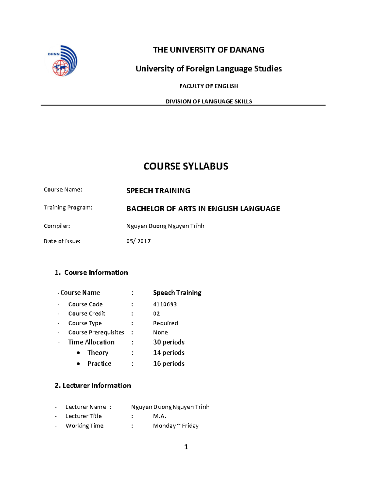 NEW Course Syllabus - Speech Training add PAGE Numbers - THE UNIVERSITY ...