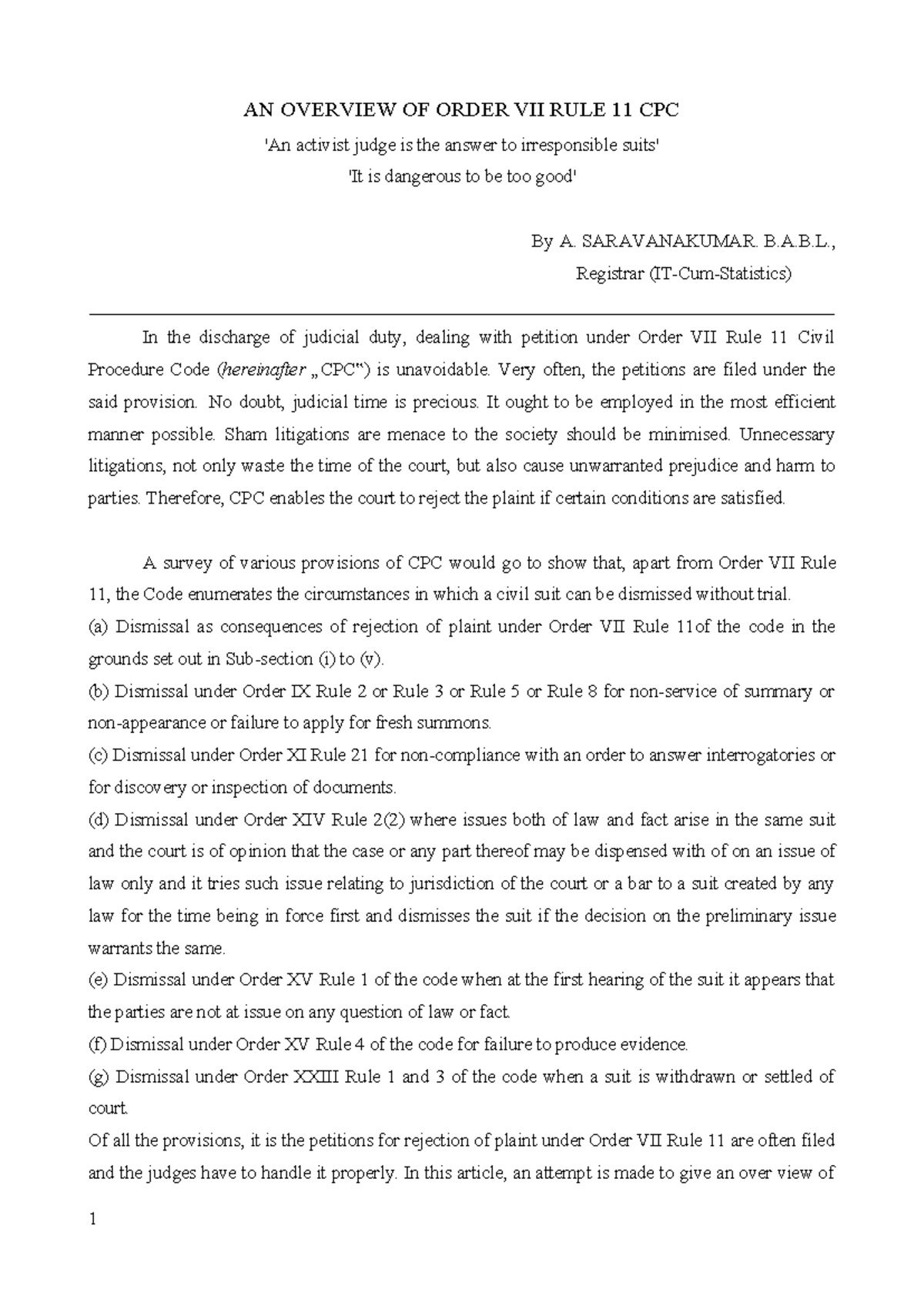 Order VII Rule 11 CPC: An Overview of Judicial Dismissal Mechanisms ...