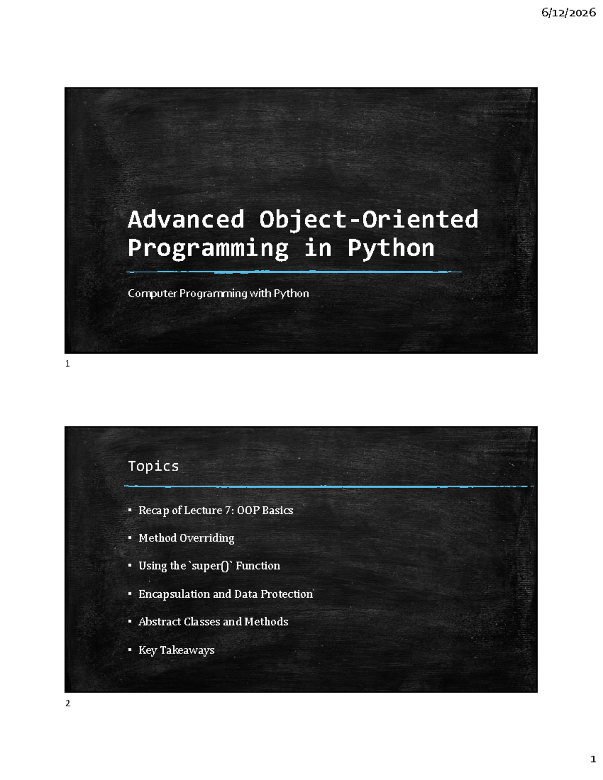 Advanced Programming in Python (CS101) - Lecture 7 Recap: OOP Basics ...