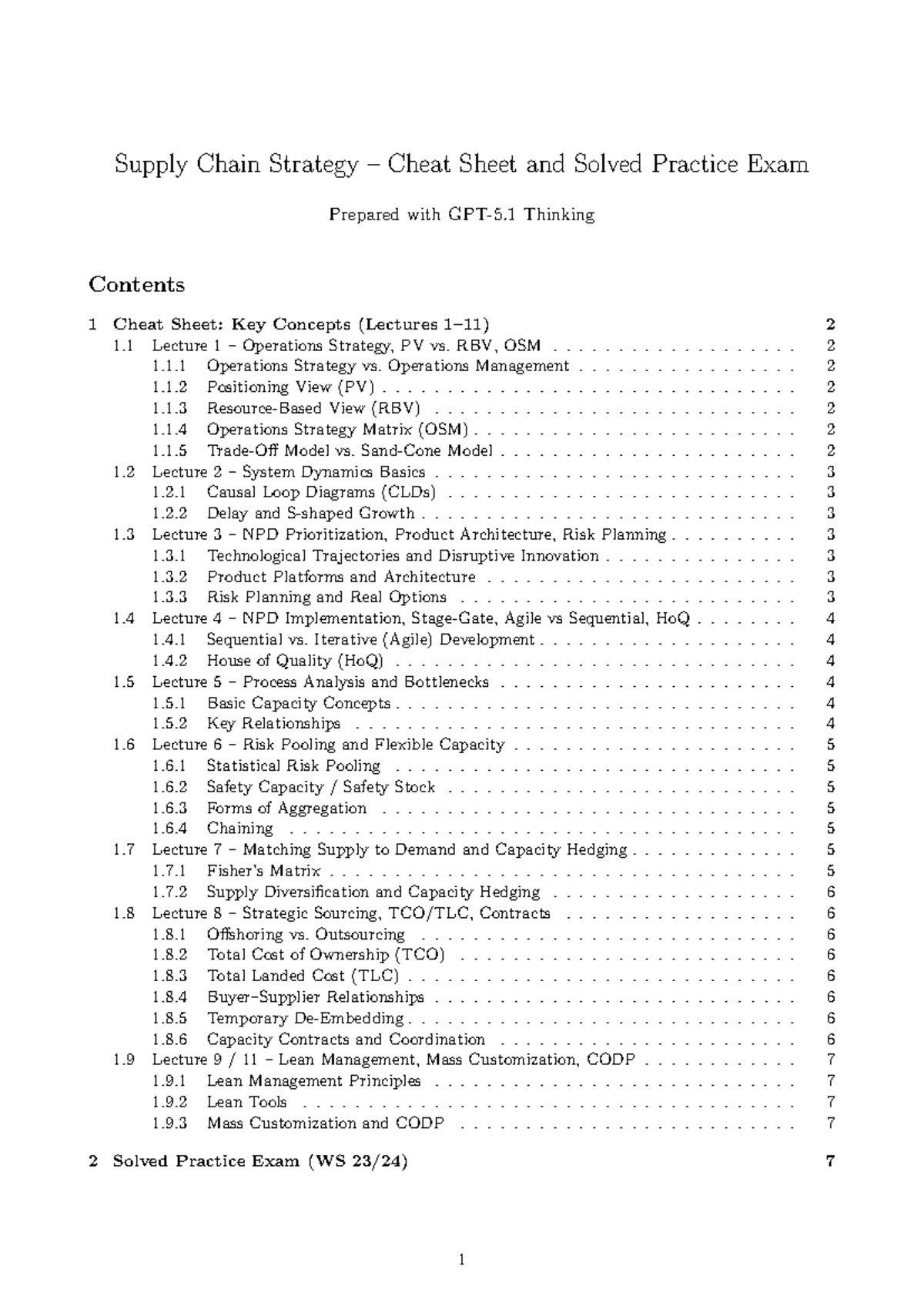 Supply Chain Strategy Cheat Sheet & Practice Exam (WS 7 1) - Studocu