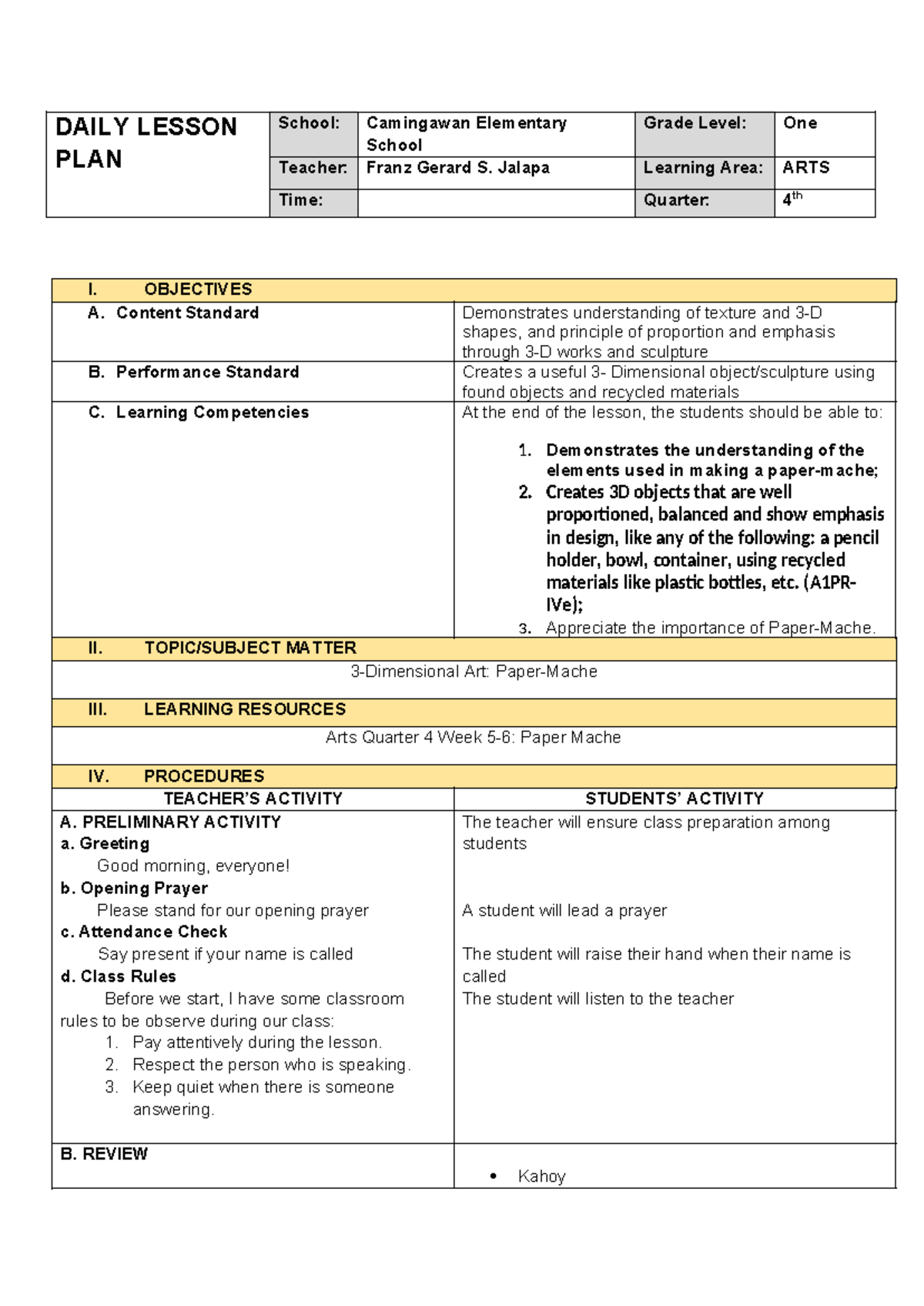 Lesson Plan: 3-D Art and Paper-Mâché (Grade 1 - Quarter 4) - Studocu