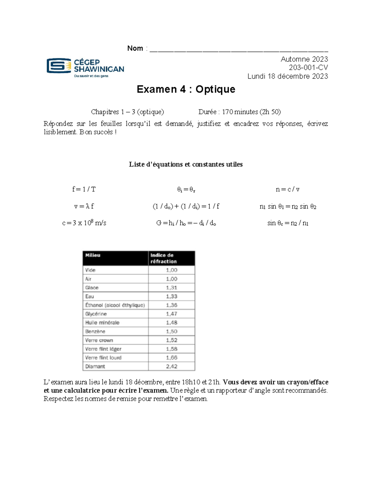 Equations Final - feuille de formule - Nom