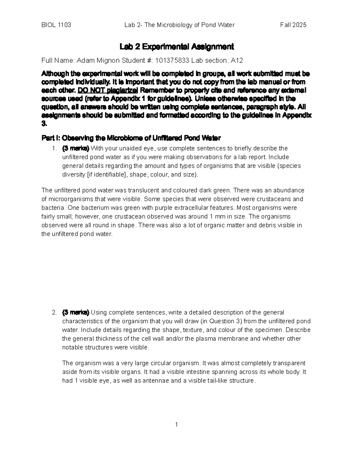 BIOL 2025 Lab 2: Microbiology of Pond Water Experiment Report - Studocu
