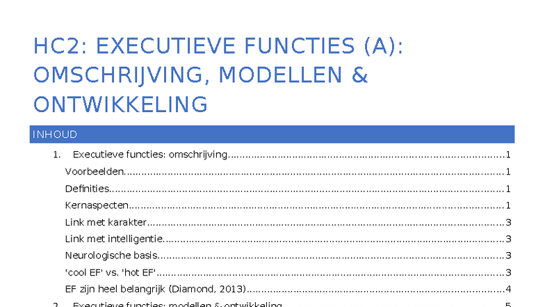 HC2: EXECUTIEVE FUNCTIES - SAMENVATTING EN MODELLEN ONTWIKKELING - Studocu