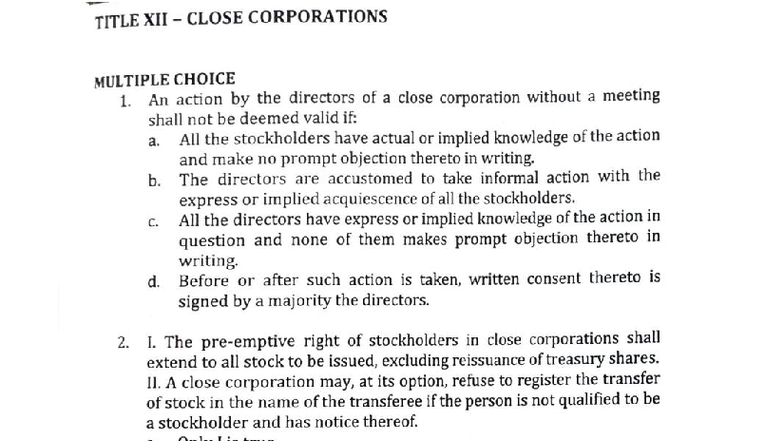 TITLE XII CLOSE CORPORATIONS MULTIPLE CHOICE QUESTIONS - Studocu